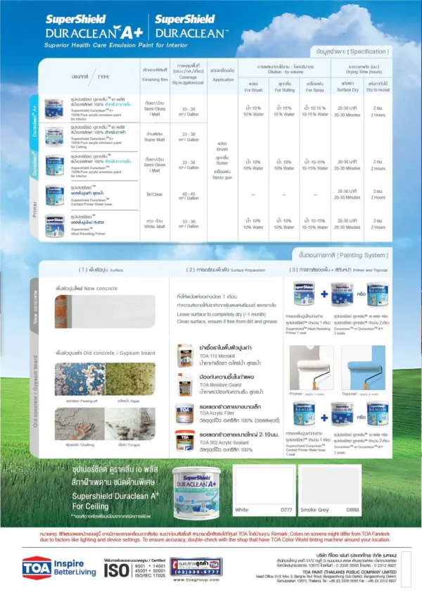 TOA ทีโอเอ ซุปเปอร์ชิลด์ ดูราคลีน เอ พลัส สีน้ำอะคริลิก สําหรับทาฝ้าเพดาน ชนิดด้านพิเศษ – Sisan